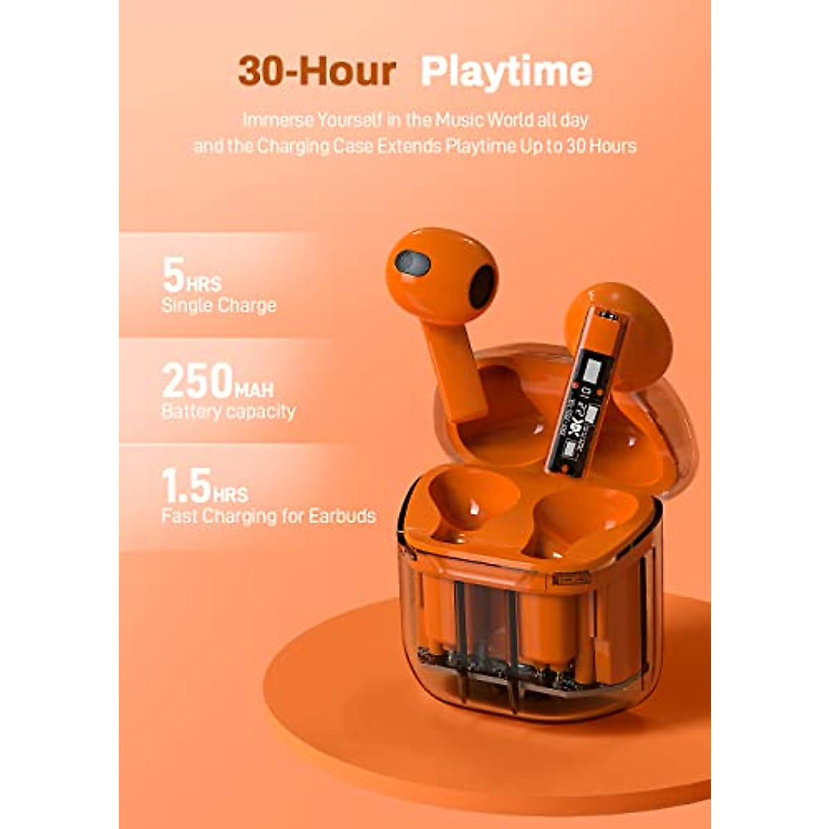 Wireless Earbuds, Bluetooth 5.2 Earbuds 30H Playtime Bluetooth Headphones with Charging Case True Wireless Earbuds with Microphone, Bluetooth Headphones for Sport Working Running Fitness (Orange)