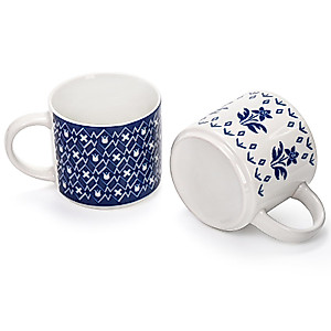 Eorbow 4 Pack Ceramic Coffee Mug Set with Rack, 16 OZ Stackable Cappuccino Cups with Metal Stand, Blue and White Porcelain Tea Mugs for Latte, Americano, Milk, Hot Cocoa, Beverages, Microwave Safe