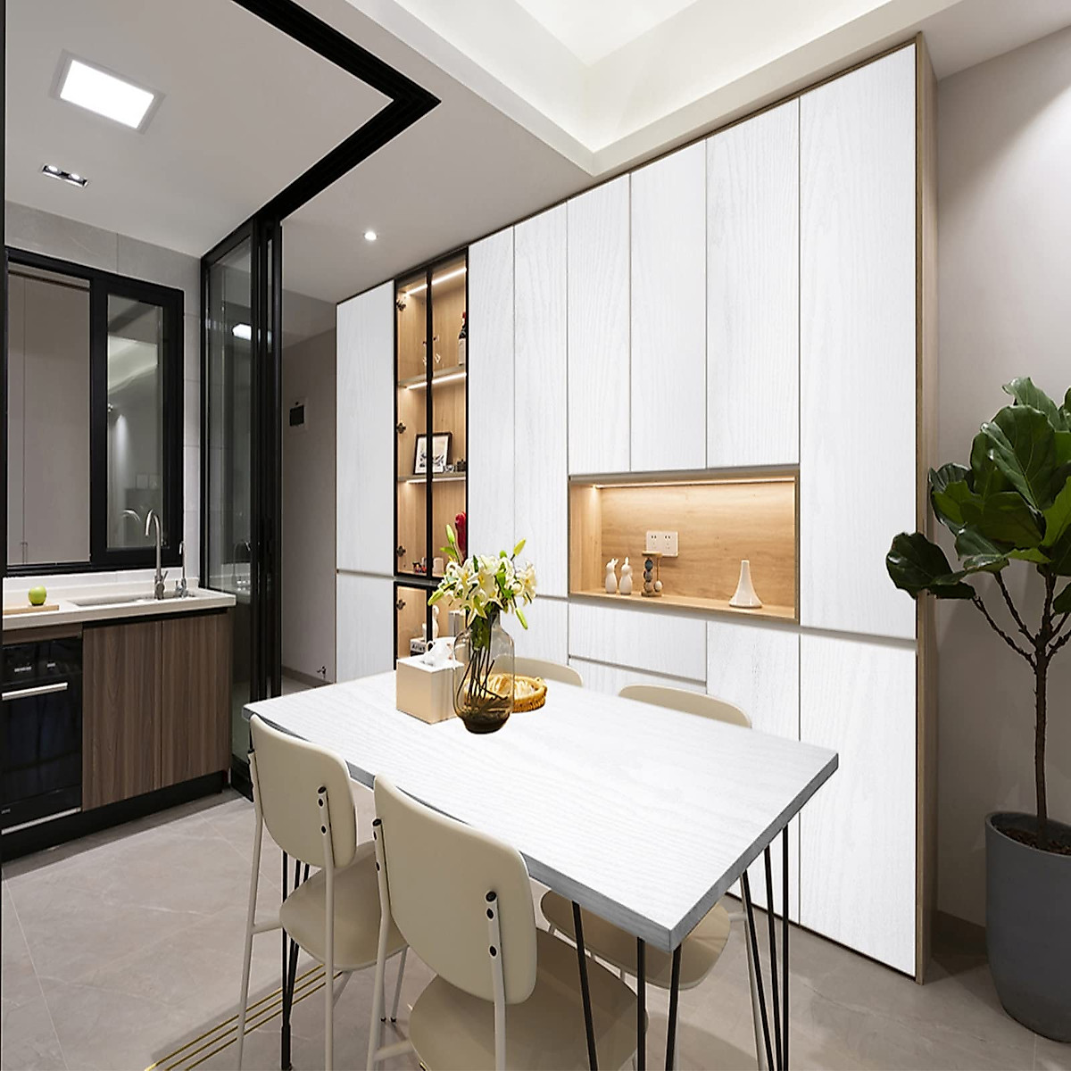 seonta White Contact Paper 16"x118" Wood Peel and Stick Wallpaper Waterproof Removable Self Adhesive Wall Paper Sticker Cover Wood Vinyl Wrap for Countertop Desk Table Cabinets