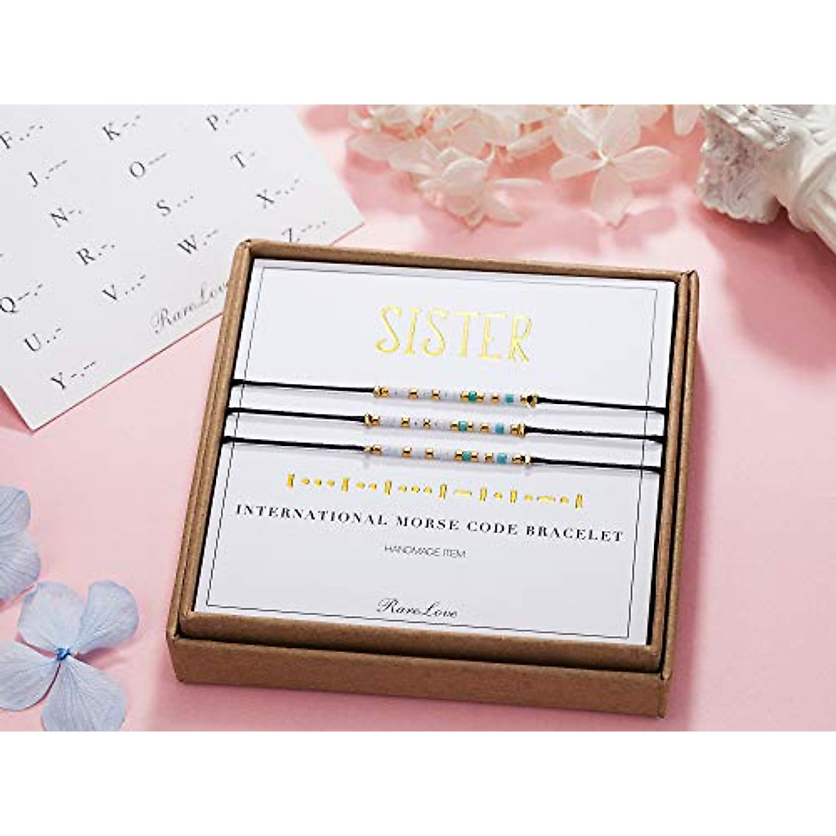 RareLove 3 Pieces Sisters Morse Code Bracelet Friendship Birthday Best Friends Gift For 3 Women Blue White Tiny Pony Seed Beads Black String Bracelets