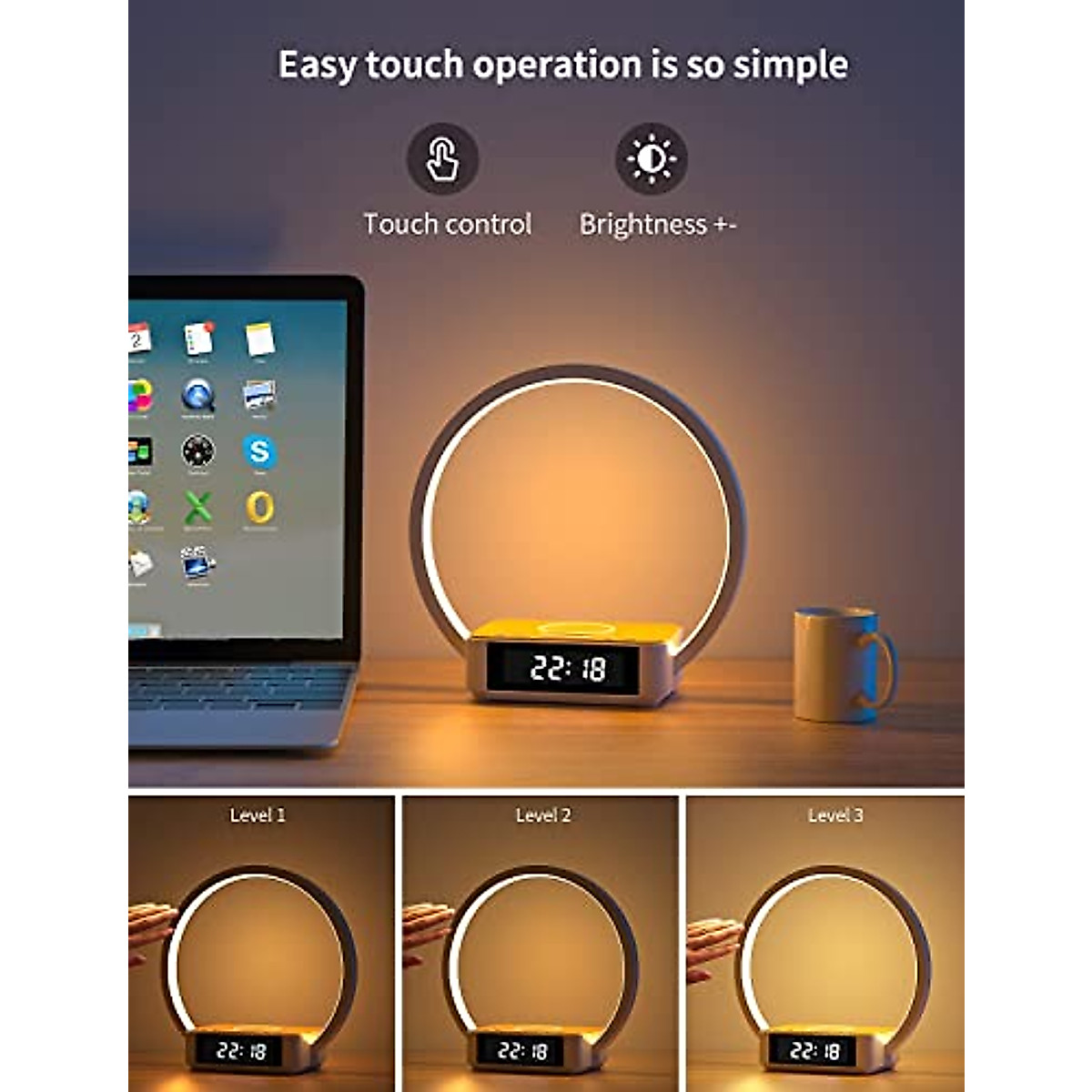 Amouhom Table Lamp, 18W Touch Lamp Alarm Clock with Wireless Charging Wake-Up Light, Digital Sonic 10W Max Qi Charger Nightstand Reading Lamps for Bedside, Reading, Home, Office