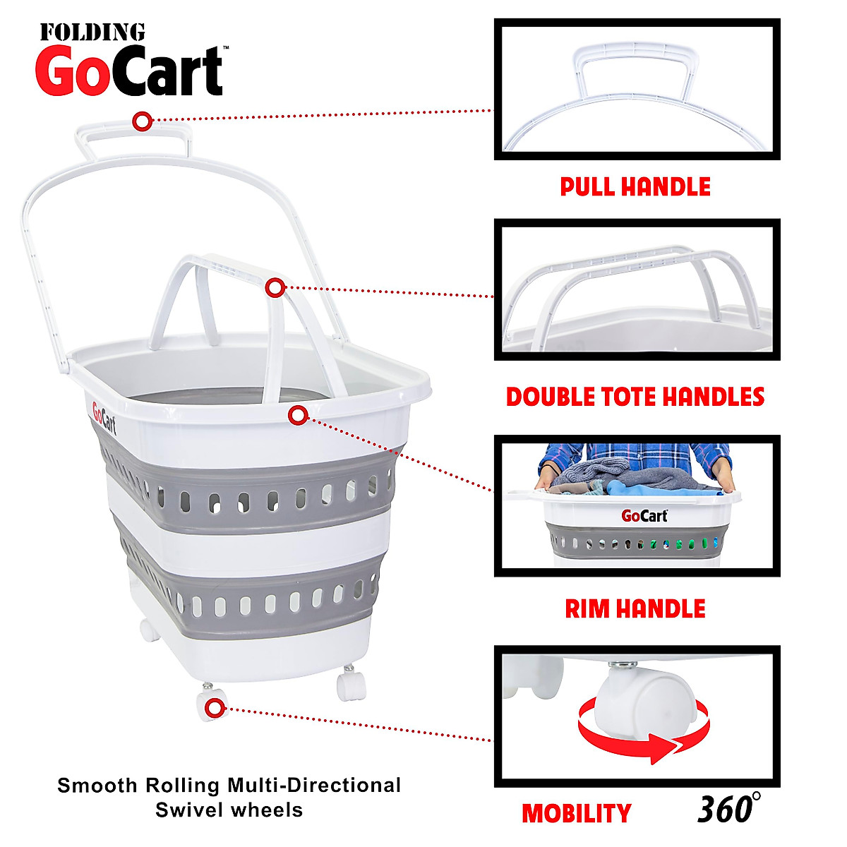 dbest products Folding Gocart Collapsible Laundry Basket on Wheels Grocery Cart Shopping Foldable Pop Up Plastic Hamper Tote Handles Cesto para ropa sucia, White