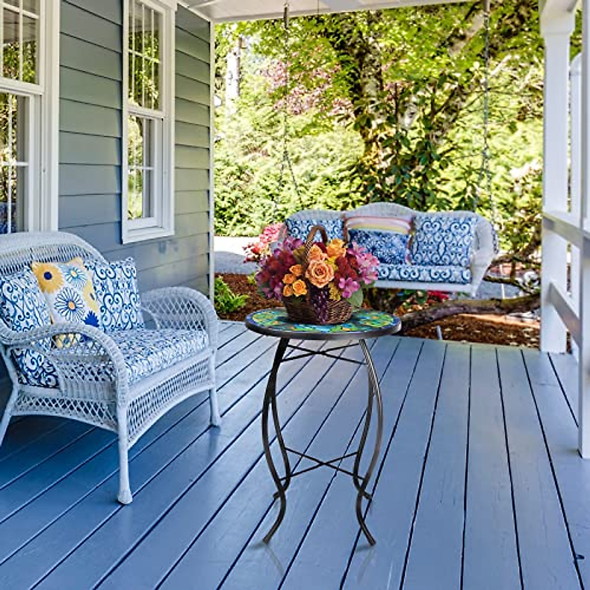 MUMTOP Outdoor Side Table - Small Mosaic Patio Table, Peacock 14” Round Accent End Coffee Table Glass Plant Stand for Garden Patio Living Room(Green)