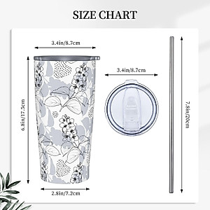 JASROTAO Gray Flower Tumbler,Flowers 20oz Stainless Steel Insulated Travel Tumbler,Travel Coffee Mug with Lid and Straw Water Bottle Drink Tumbler Cups Gifts for Women Men Lovers