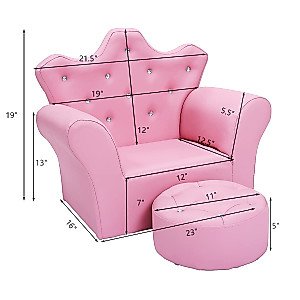 Costzon Kids Sofa, Children Upholstered Sofa with Ottoman, Princess Sofa with Diamond Decoration, Smooth PVC Leather Toddler Chair, Kids Couch for Boys and Girls, Gift for Toddlers (Pink)