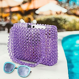 Katathani Purple Colored Transparent Beaded Tote HandBag for Women Acrylic Shoulderbag Evening Handmade Bag for Wedding Party Beach