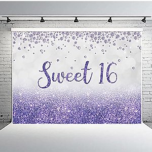 PHMOJEN Sweet 16 Backdrop, Girl Birthday Purple Bokeh Twinkle Diamond, Dessert Table Banner Background Decoration Studio Photography Props 7x5ft BJLSPH1180
