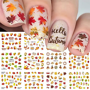 Fall Nail Art Stickers Thanksgiving Nail Decals Maple Leaf Turkey Water Transfer Nail Sticker Autumn Design Nail Art Supplies Acrylic Nail Accessories for Women Girls Thanksgiving Day Nail Decoration