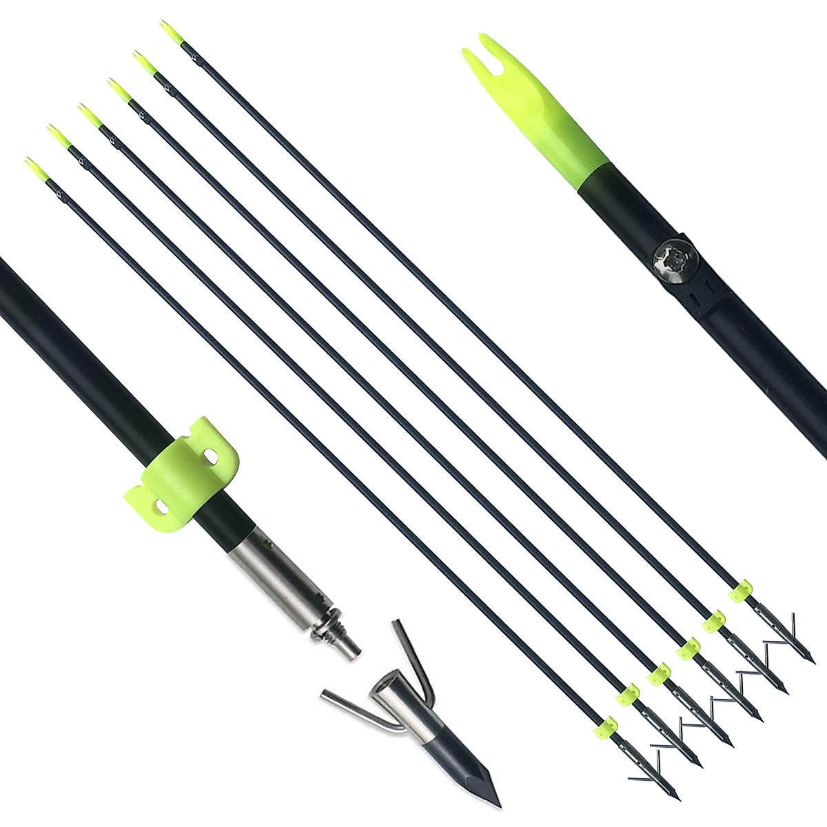 e5e10 Archery Bowfishing Arrows Hunting 34inch Solid Fiberglass Arrows with Broadhead for Compound Bow and Recurve Bow 6pcs (Black)