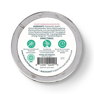 Primal Life Organics - Dirty Mouth Toothpowder, Tooth Cleaning Powder, Flavored Essential Oils with Natural Kaolin & Bentonite Clay, Good for 200+ Brushings, Organic, Vegan (Sweet Bubblegum, 0.25 oz)