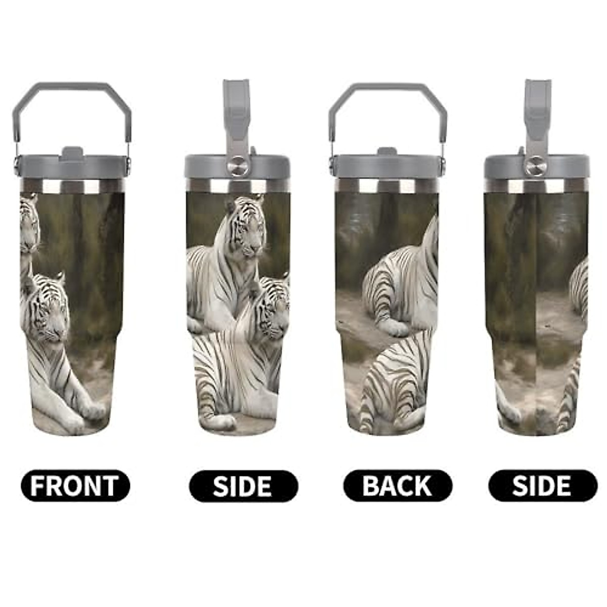 WITHSBKK 30oz Car Cup White Tigers Printed with Portable, Stainless Steel Travel Mug, Vacuum Insulated Tumbler And Straw, Leakproof for Car & Outdoor, UV Printed Design