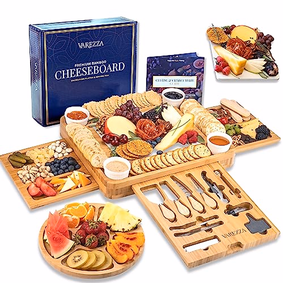 VAREZZA Bamboo Cheese Board and Knife Set. Extra Large Charcuterie Board Set - Serving Board, Side Cheese Tray, Round Marble Fruit Cheese Platter, 23 Entertaining Accessories for House Warming Gifts