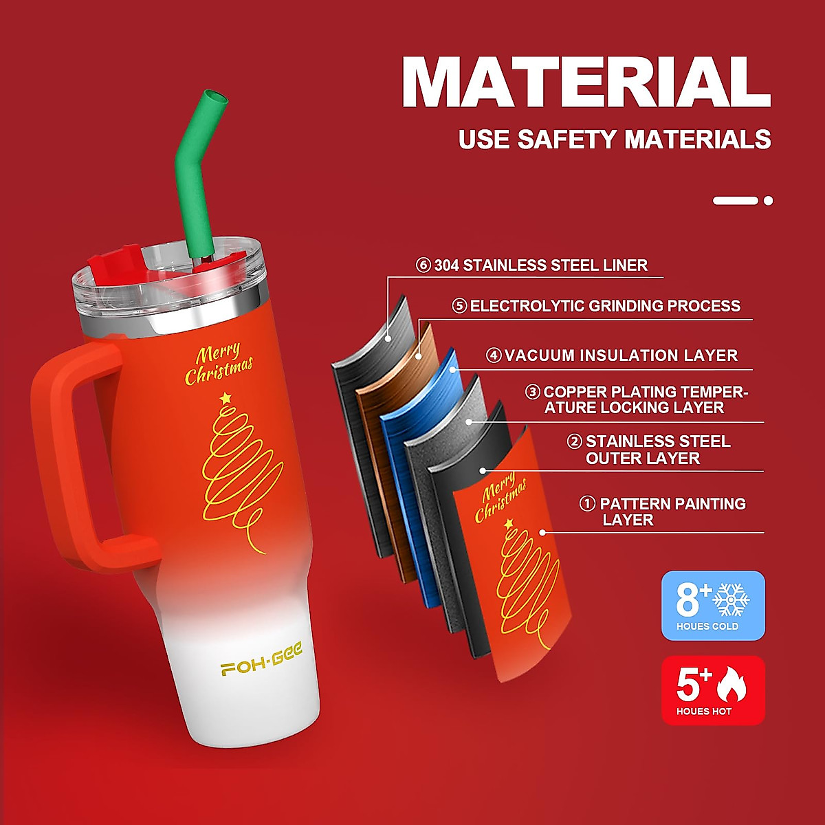 FOHGEE Christmas Style 30oz Stainless Steel Tumbler with Handle - Keep Drinks Cold & Hot All Season! (Red Tree)