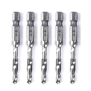 szgate 5PCS Combination Drill Tap Bit Set Screw Tapping Hex Shank HSS Metric/Imperial Plug Drill Bits Hand Tools 10-24NC,5mm