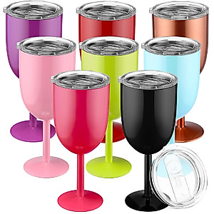 Yinder 8 Pcs Stemmed Stainless Steel Wineglasses, 12 oz Stainless Wine Goblet with Lids Double Wall Insulated Unbreakable Goblets Insulated Stem Wine Tumbler for Friendship Birthday Party Supplies
