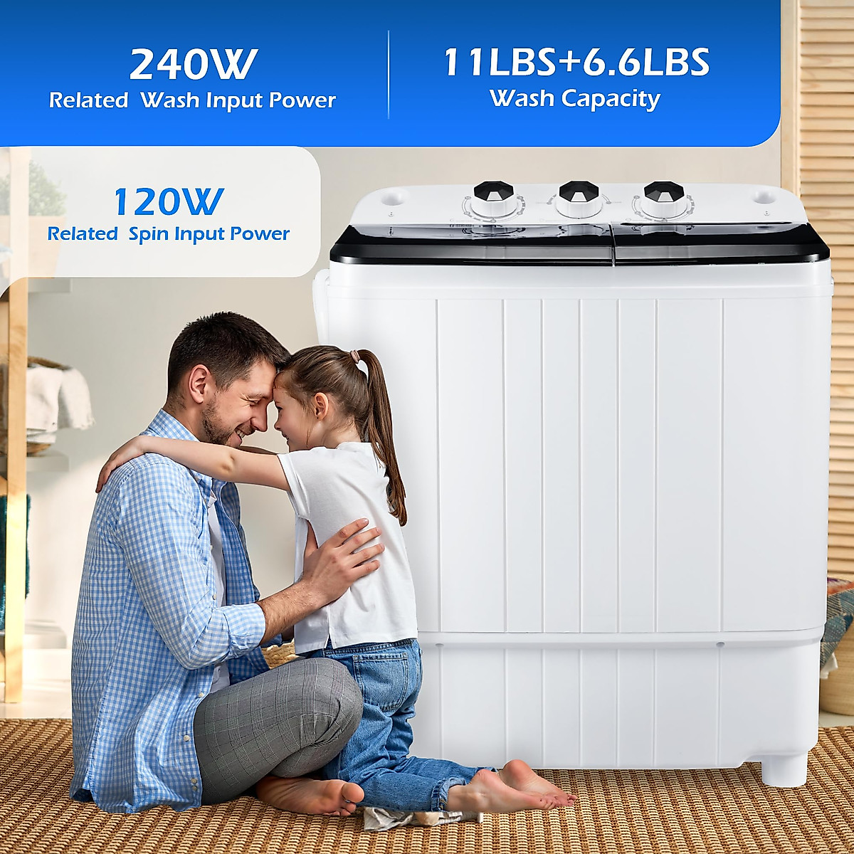 Portable washers 17.6lbs Compact Washing Machine and Spinner Twin Tub Washer and Dryers for Home Apartment Dorms,Black