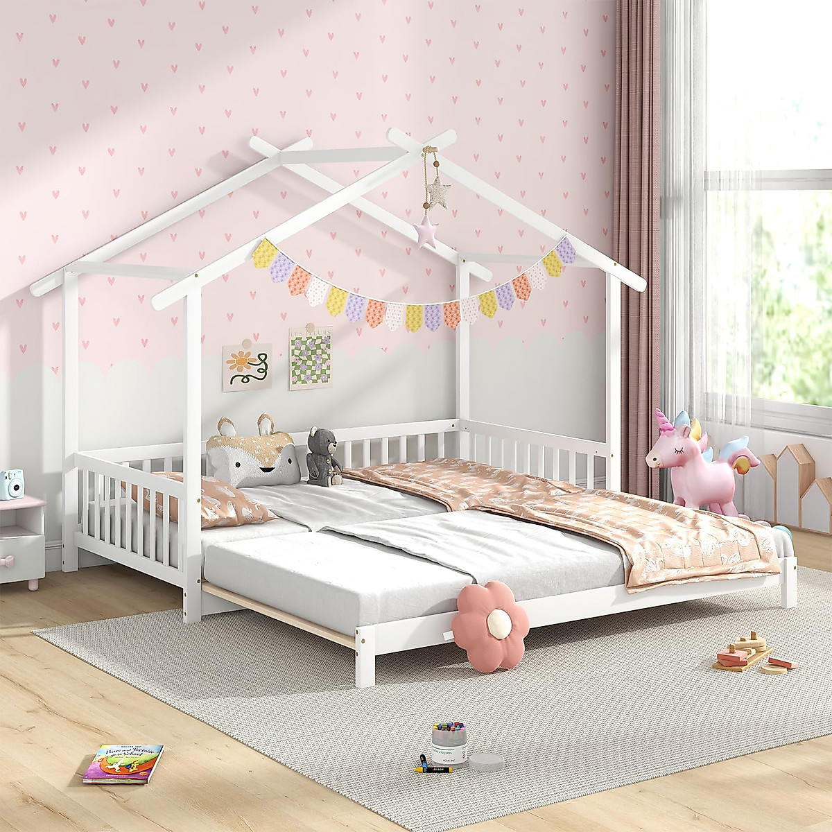 Giantex Wood House Bed for Kids, Twin to King Extendable Daybed with Roof & Fence Rails, Kids Bed for Teens, Boys & Girls, Twin Floor Day Bed, No Box Spring Needed, White