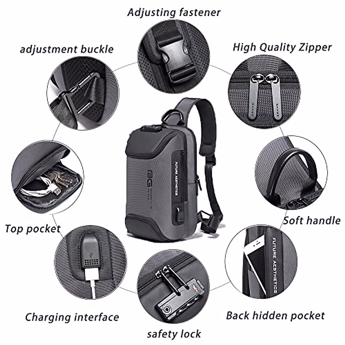 Uaskmeyt Anti Theft Sling Bag Sling Backpack with TSA Lock, Shoulder Bag Crossbody Backpack with USB Charging Port, Water Resistant Over Shoulder Chest Casual Daypacks (Gray)