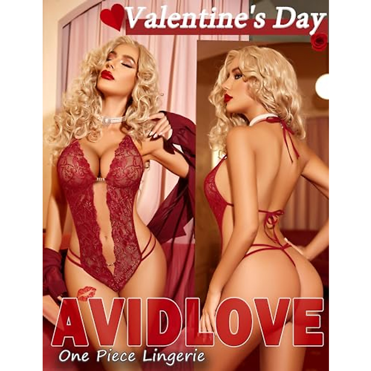 Avidlove Women Lingerie Halter V Neck Teddy Sexy Lace Bodysuit Mini Babydoll Wine Red Small