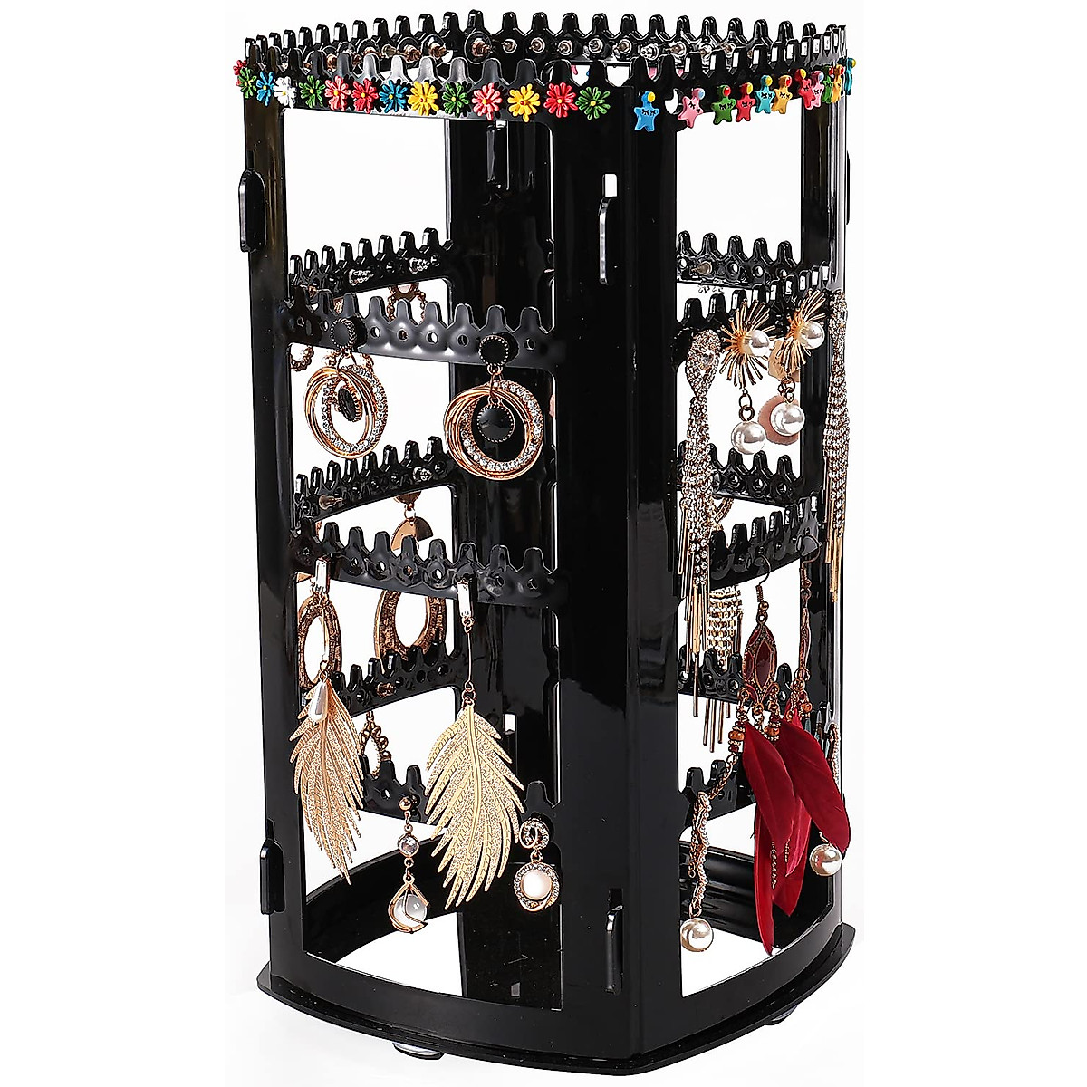 Sooyee 360 Rotating Earring Holder and Jewelry Organizer, 4 Tiers Jewelry Rack Display Classic Stand, 156 Holes and 160 Grooves for Necklaces Earrings Piercings, Black
