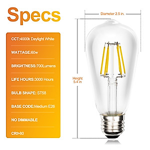 PUIPUM Edison Bulbs 60 Watt Led, Led Edison Bulb, Vintage e26 Edison Bulb, ST58 led Light Bulb,Daylight White 4000k,80CRI,700 Lumen, Edison Bulbs for Home, 6 Pack, Clear,Non-Dimmable