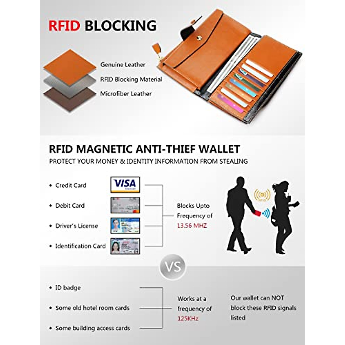 Demon&Hunter Women's RFID Blocking Large Capacity Luxury Wax Genuine Leather Purse Wallet DZA2083 (One Size, Orange)
