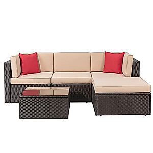 Shintenchi 5 Pieces Patio Furniture Sets Outdoor All-Weather Sectional Patio Sofa Set PE Rattan Manual Weaving Wicker Patio Conversation Set with Glass Table&Ottoman Cushion and Red Pillows