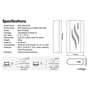 Archgon 1TB Thunderbolt 3 Certified Aluminum External SSD Portable M.2 PCIe NVMe Solid State Drive with Dual Layer Heatsink Max. Speed up to Read 3400MB/s Model X92 (1TB, Black)