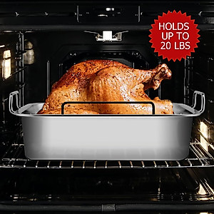 Hillbond Stainless Steel Roasting Pan with Rack 16 Inch Turkey Roaster Pan with U-Shaped Rack Flat Rack Turkey Lifting Forks for Turkey, Chicken, Vegetables Set of 5