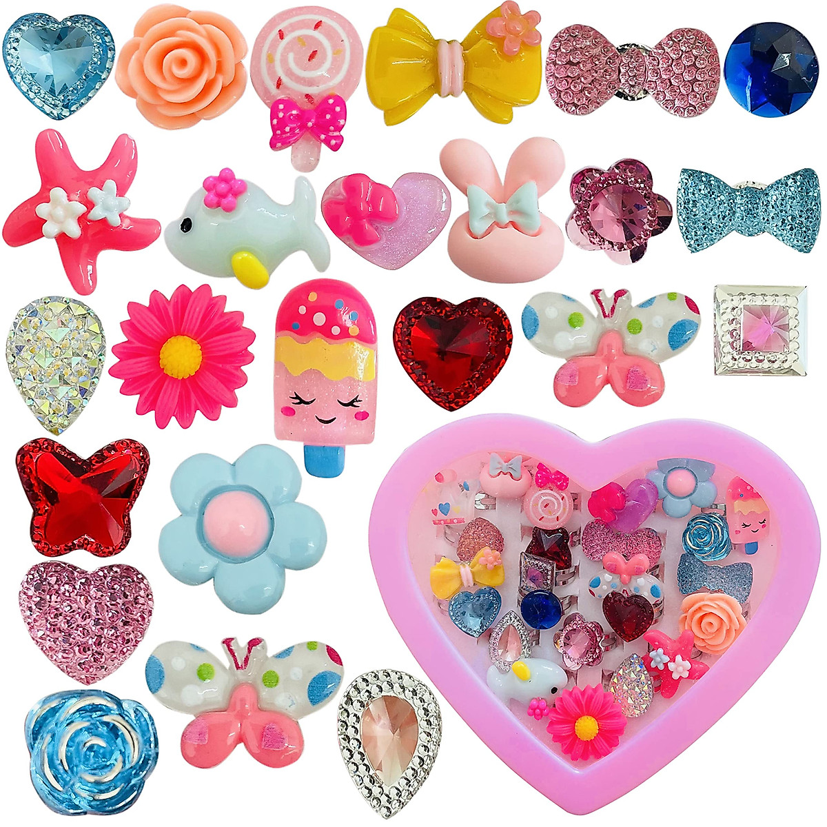 monochef 24pcs Rings for Girls Kids Dress Up Rings Jewelry Set Lovely Toys For Little Girls Adjustable, No Duplication, Girl Pretend Play Gift With Box