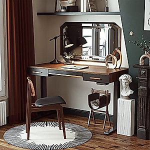 FEZIBO Mid Century Modern Electric Standing Desk with 3 Drawers, 48 x 26 Inches Whole Piece Sit Stand Up Home Office Desk, Black Walnut Top with Black Frame (2 Packages)