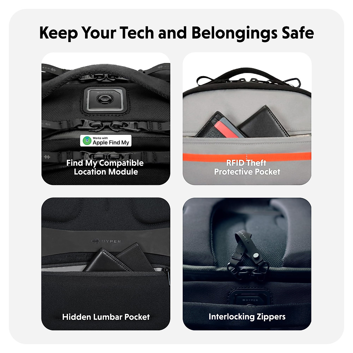 Hyper HyperPack Pro Backpack with Find My Compatibility. RFID Backpack Fits up to 16” Laptop. 22L Backpack. Anti Theft Backpack w/RFID Protective Pocket Slim Travel Backpack