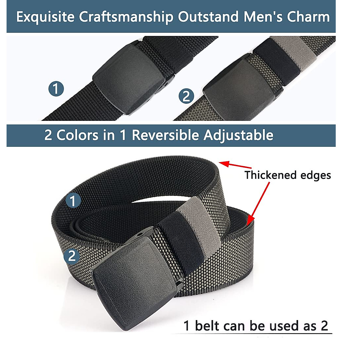 LionVII Casual Belt Men - Reversible Web Field Belts for men,Fabric Waist Strap wtih YKK Plastic Buckle for Work Adjustable [53" L x 1.5" W](Black and Brown)