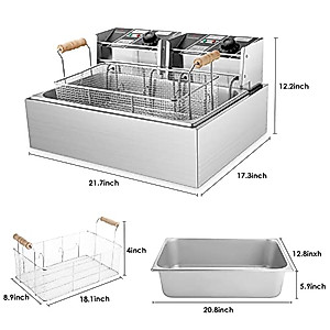 TANGME Commercial Deep Fryer, 3400w Electric Deep Fryer with 3 Baskets, 22L/23.25QT 1mm Thickened Stainless Steel Countertop Oil Fryer with Temperature Limiter for Restaurant and Home Use