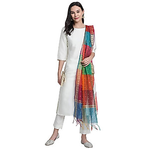 Janasya Indian Women's Off-White Poly Silk Kurta With Pant And Dupatta(SET268-KR-NP-XL)