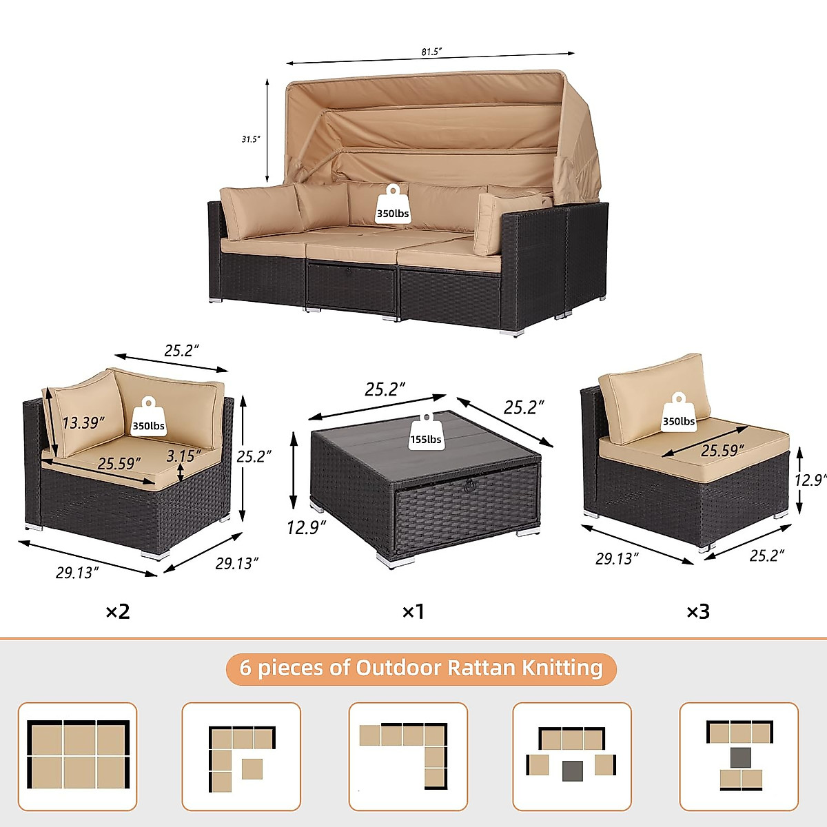 GlasFlength Outdoor Wicker Patio Furniture Sectional Set, Khaki