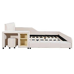 VilroCaz Modern Full Size Upholstered Grounded Bed, Velvet Fabric Upholstered Mother & Child Platform Bed with Bedside Desk and Little Round Stool, No Box Spring Required (Beige-F)