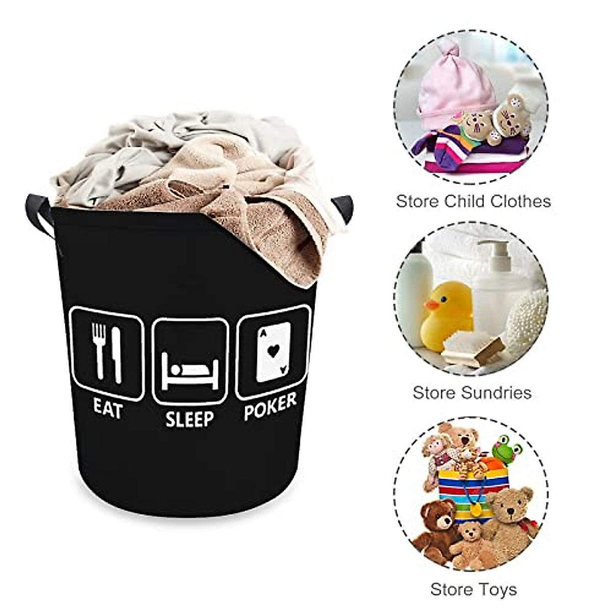 Eat Sleep Poker Foldable Laundry Basket Waterproof Hamper Storage Bin Bag with Handle 16.5"x 16.5"x 17"