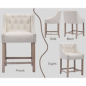 CIMOTA Counter Height Bar Stools Set of 2 Tufted Farmhouse Bar Chairs with Back Upholstered Mid Century Barstools with Wood Legs Kitchen Island Counter Stools for Home Bar, 25 Inch/Linen Beige