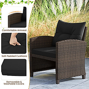 ORALNER 5 Pieces Patio Furniture Set with Ottoman, Wicker Conversation Set w/Cushions, Glass Coffee Table, Outdoor Rattan Lounger Chairs Bistro Set for Porch Balcony Garden Deck Poolside (Black)