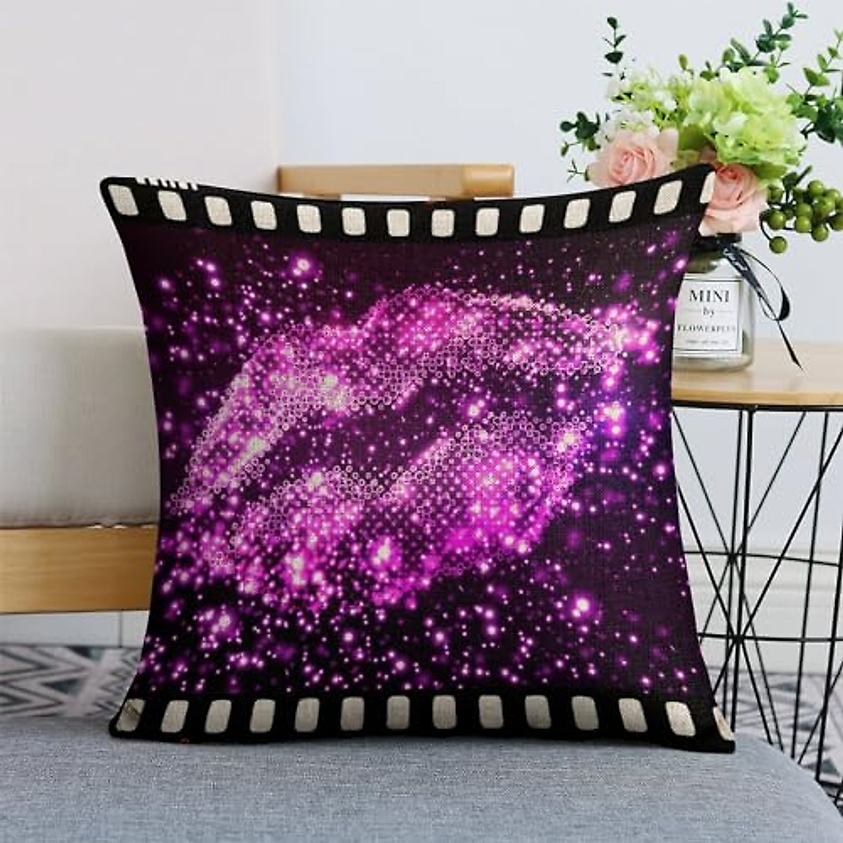 JOJOART Pink Glitter Lips Throw Pillow Covers 18×18 Pillowcases Set of 1 Sexy Mouth Kiss Linen Decorative Square Pillow Case Cushion Covers Standard Size for Sofa Couch Outdoor Bed Pillow Protectors