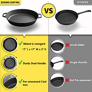 EDGING CASTING Pre-Seasoned Large Cast Iron Skillet 17 Inch, Dual Handle Outdoor Camping Frying Pan, Pizza Pan, Use for Grill, Stovetop, Induction, Oven Safe Cookware
