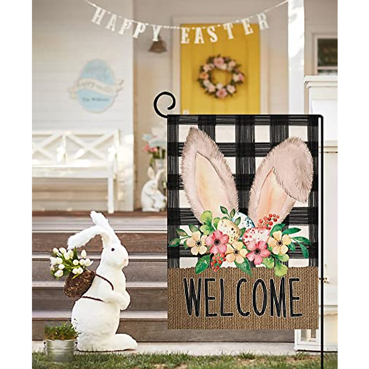 Sambosk Buffalo Easter Bunny Small Garden Flag Welcome Spring Vertical Double Sided Burlap Rabbit Ear Egg Floral Farmhouse Yard Outdoor Decoration 12 x 18 Inches