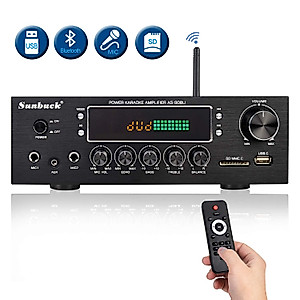 Wireless Bluetooth Home Audio Amplifier – 400W Dual Channel Home Theater Sound Compact Stereo Receiver System w/FM Radio, USB/SD, AUX, RCA, Mic in, Remote Control for Sweet Sound. (Sunbuck AS-90BU)