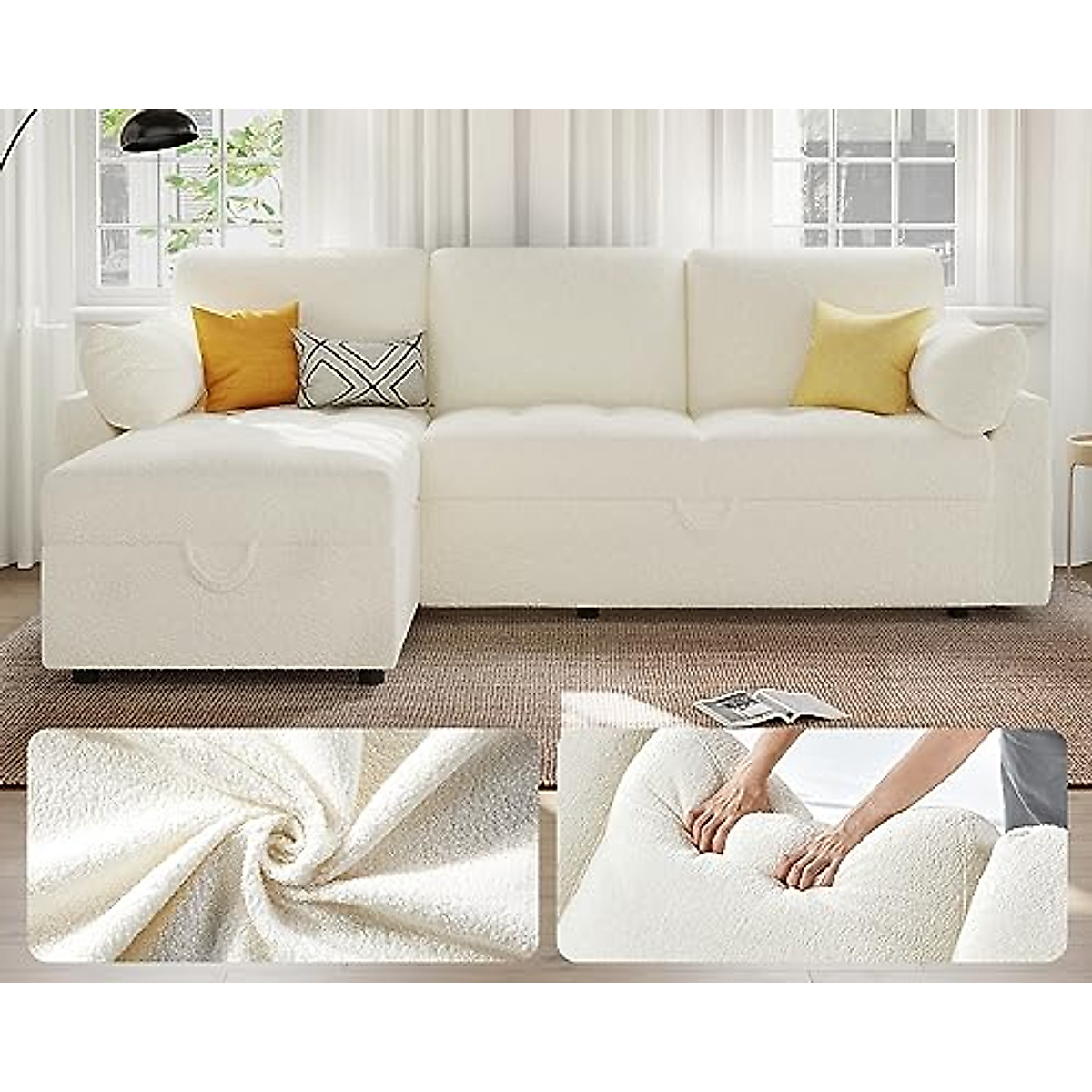VanAcc Pull Out Sofa Bed, Modern Tufted Convertible Sleeper Sofa, Boucle Sleeper Sectional Couch Bed with Storage Chaise, L Shaped Sofa Couch for Living Room (White)