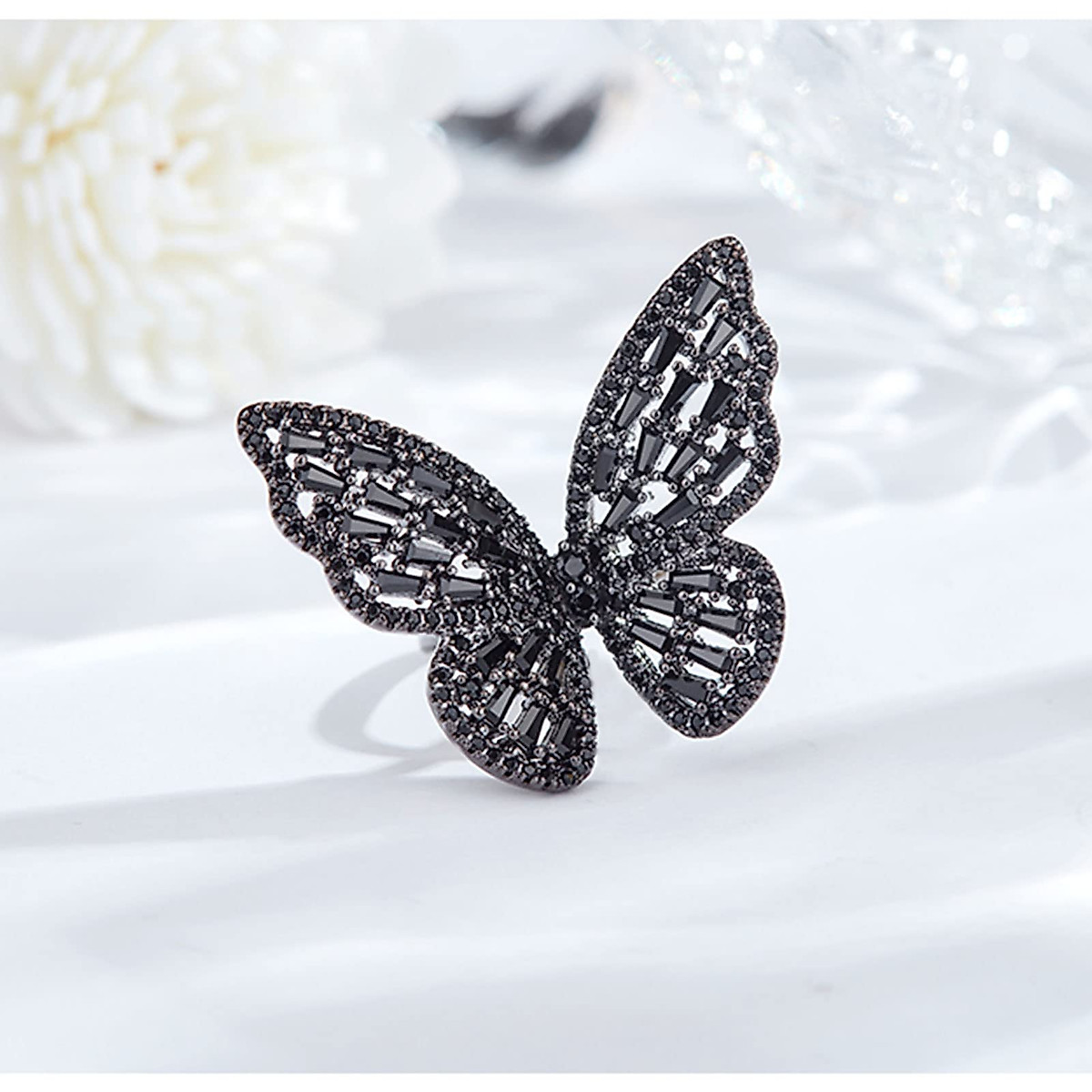 TKMIRA Butterfly Ring for Women Gold Adjustable Cubic Zirconia Ring Jewelry Sparkling Sterling Silver Open Statement Ring (black butterfly)