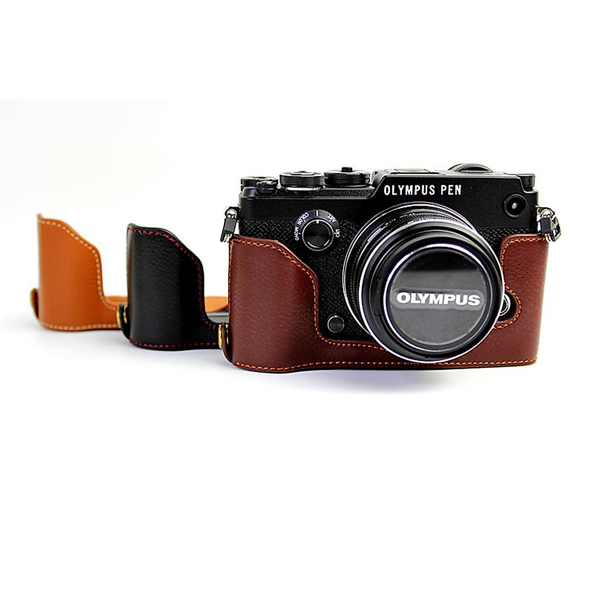 PEN-F Case, BolinUS Handmade Genuine Real Leather Half Camera Case Bag Cover for Olympus PEN-F Bottom Opening Version + Hand Strap - Coffee