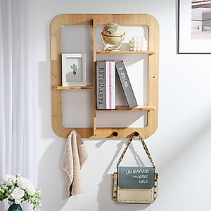 Proman Products Fiji Wall Mounted Bamboo Floating Shelves, Book Shelves, Storage Shelves Organizer with Hooks Clothes Hat Bag for Living Room, Bathroom, EntryWay (Natural)