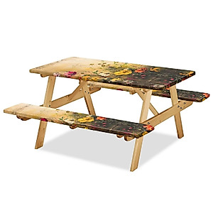 Yuresuaet Floral Paintingh Print Windproof Picnic Table Cover with Bench Covers Set for for Road Trip Camping Gear Accessories 30'' x 94'' Table Cloth 3 in 1