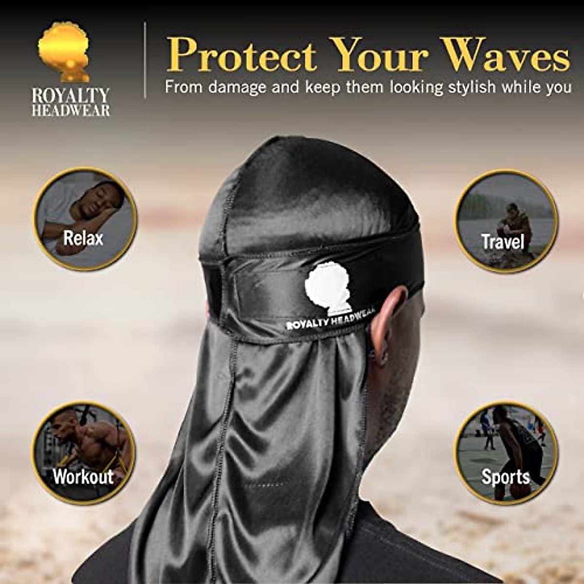 Royalty Headwear One Strap Silky Durag for Men - Premium Quality with Hook and Loop Closure Black Durag for Men 360, 540, 720 Waves
